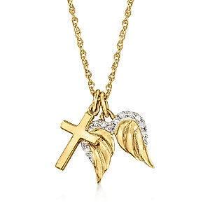 Ross-Simons 14kt Yellow Gold Cross and Angel Wings Pendant Necklace With Diamond Accents. 18 inches