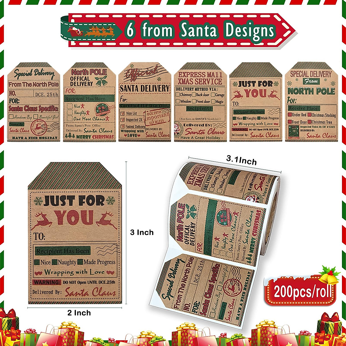 XDMTWLKJ from Santa Gift Tag Stickers, Self-Adhesive Christmas Labels for Gift Wrapping, from The North Pole Stickers 2 x 3 Inches, 200 Count (Brown)
