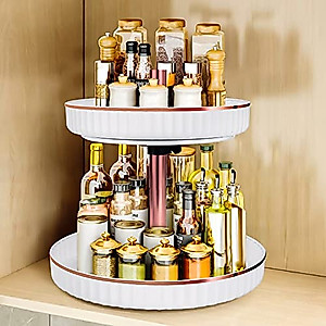 Double Layer Lazy Susans,2 Tiers Plastic Turntable with Adjustable Height, 360° Rotating Spice Rack for Kitchen Cabinet Storage, White (Diameter 10.23"-11.81")