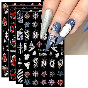 JMEOWIO 3D Embossed Christmas Nail Art Stickers Decals Self-Adhesive Pegatinas Uñas 5D Xmas Colorful Snowflake Winter Holiday Nail Supplies Nail Art Design Decoration Accessories 4 Sheets