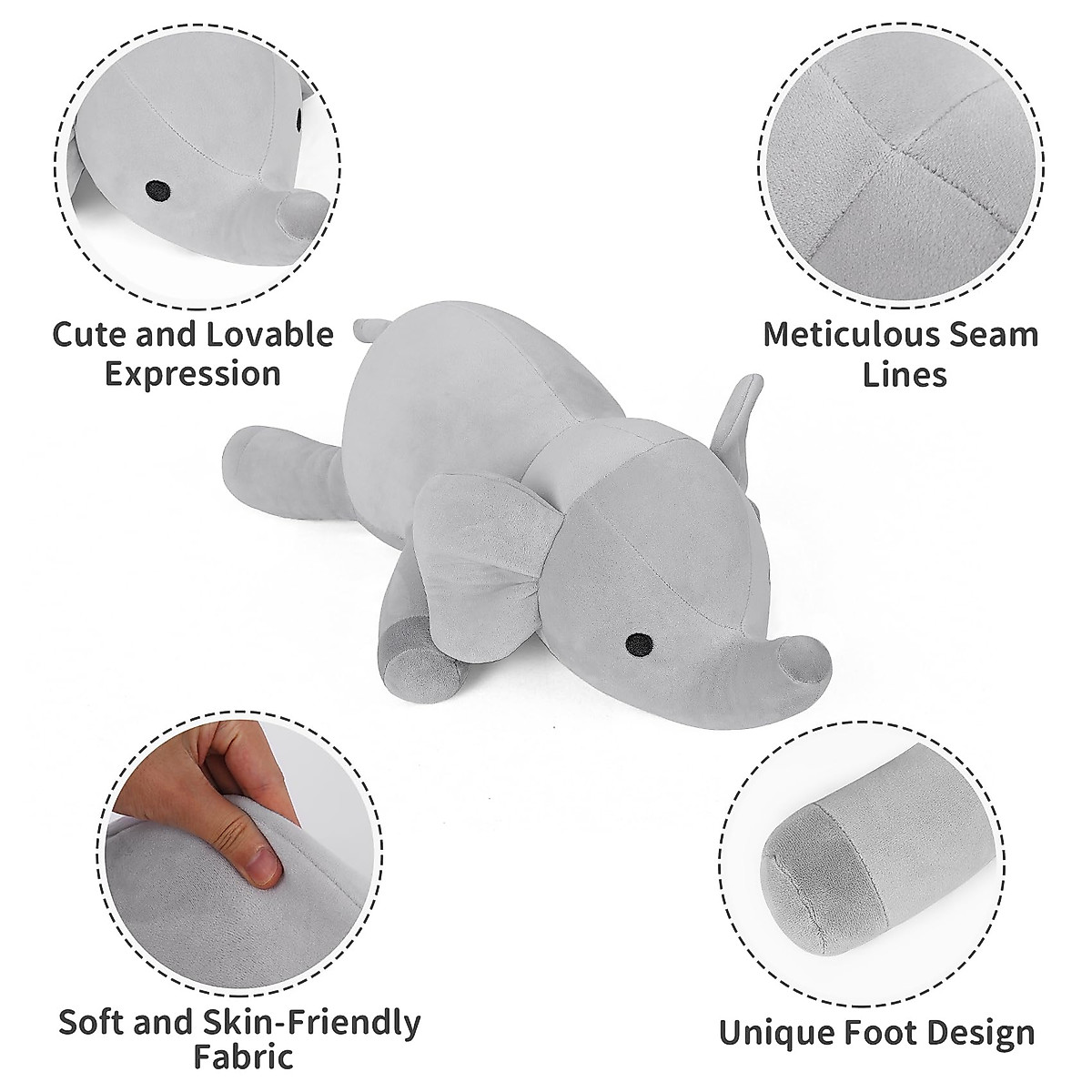 Wepop Weighted Stuffed Animals, 24in Giant Weighted Elephant Plush Toys, 4.2lb Cute Soft Plushie Throw Pillows, Birthday for Kids (Gray)