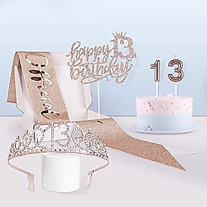 BEAN LIEVE 13th Birthday Decorations - Including 13th Birthday Sash, 13th Birthday Diamond Crown/Tiara, Birthday Candles and Cake Toppers, Rose Gold Maiden Gift 13th Birthday Celebration.