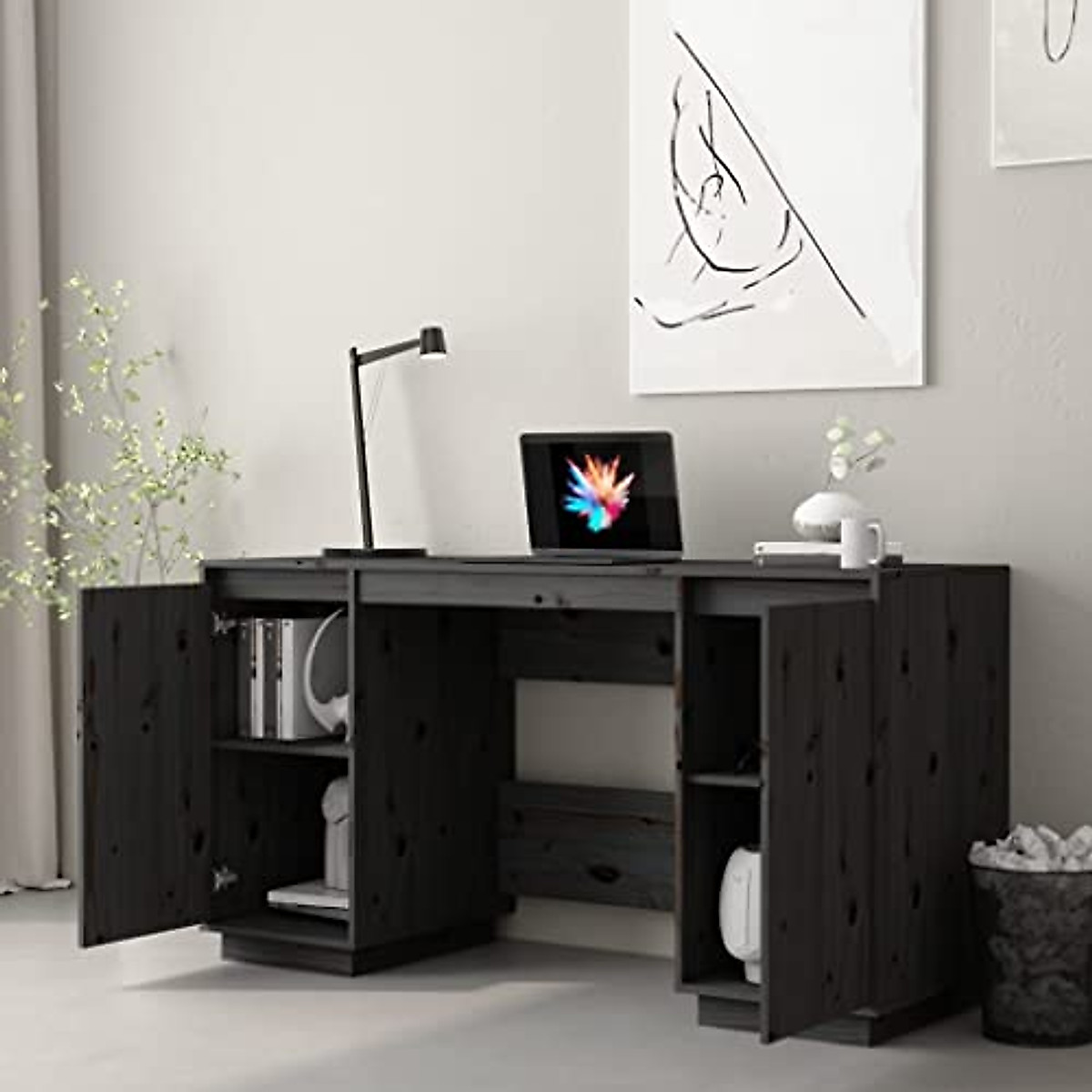 vidaXL Solid Wood Pine Desk Home Indoor Bedroom Office Work Station Storage Wooden Standing Writing Computer Study Working Desk Furniture Black