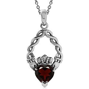 Silvershake 1.38ct. Natural Heart Shape Garnet 925 Sterling Silver Claddagh Pendant with 18 Inch Chain Necklace