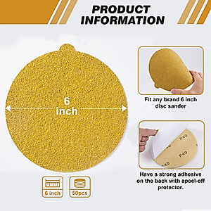 Shawya 50 PCS 6 Inch PSA Sanding Discs 40 Grit Self Adhesive Sticky-Back Sandpaper for DA Sander Finishing Abrasive Sand Paper Woodworking Wood Metal Sanding Disc