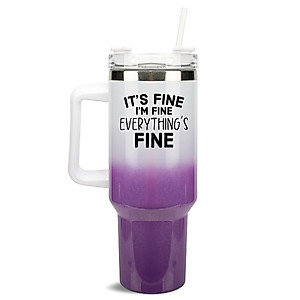 Elanze Designs It's Fine I'm Fine Everything's Fine 40 oz. Stainless Steel, Large Water Bottle Coffee Mug, Spill & Leak Resistant, Thermal Travel Tumbler with Handle, Lid & Straw, White/Purple