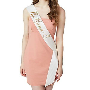"The Bride" Sash - Bachelorette Party Bridal Shower Wedding Decorations Bride Accessories & Gifts (White with Glitter Gold Lettering)