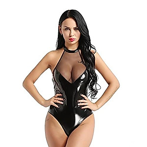Sexy Lingerie For Women Women'S Latex Swimsuits Wetlook Leather Swimwear Mesh Patchwork High Cut Bodysuit Gymnastics Le Black