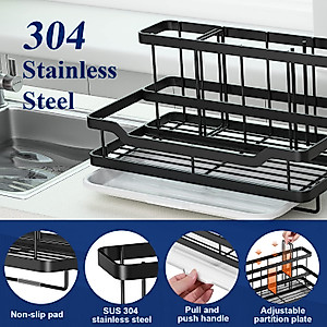 MFTEK Kitchen Sink Caddy Sponge Holder, Large Sponge Holder for Kitchen Sink Countertop Organizer, Soap Holder Tray Dish Dispenser Storage Rack with Drain Tray, Black -Not Include Sponge, Brush