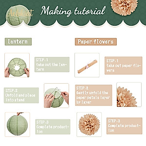 AOBKIAT Wedding Party Decorations Set,12PCS Olive Green Sage Paper Pom Poms Lanterns with Olive Leaf,for Engagement,Baby Shower,Bridal Shower,Boho Party