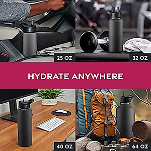 FineDine Triple Walled, Insulated Water Bottles with Straw - 32 Oz Stainless Steel Metal Bottle W/ 3 Leak Proof Lids - For Travel, School, Sports, Gym/Men, Women & Kids - Inky Raven Black