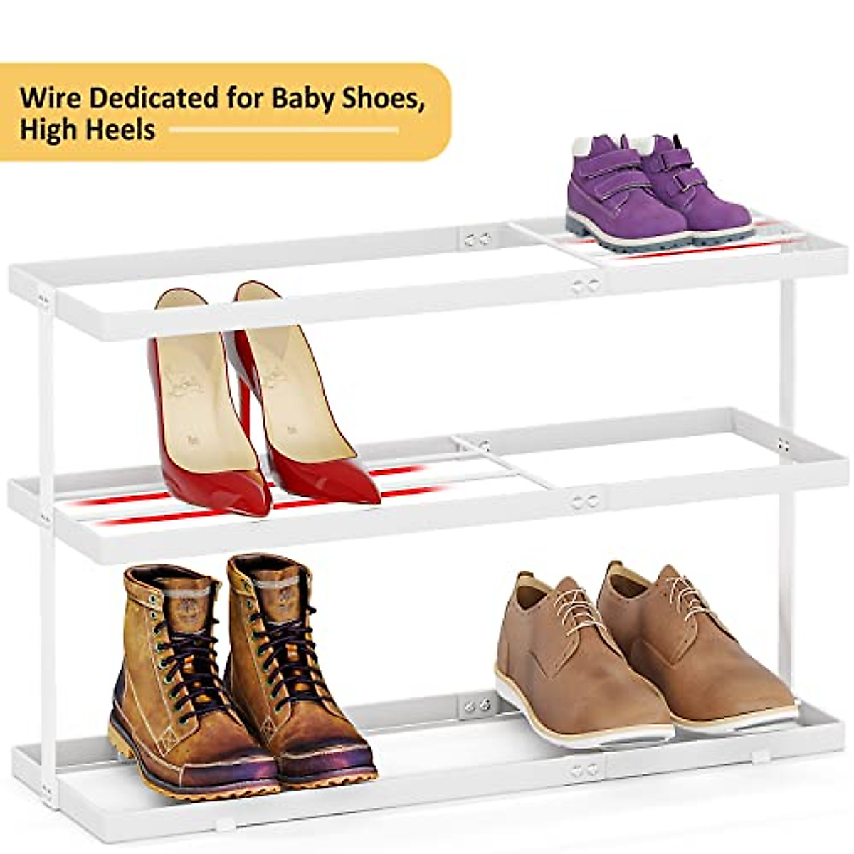 White Metal Shoe Rack for Closets, 3 Tiers Space Saving Shoe Shelf for 6 Pairs, Modern Free Standing Shoe Stand