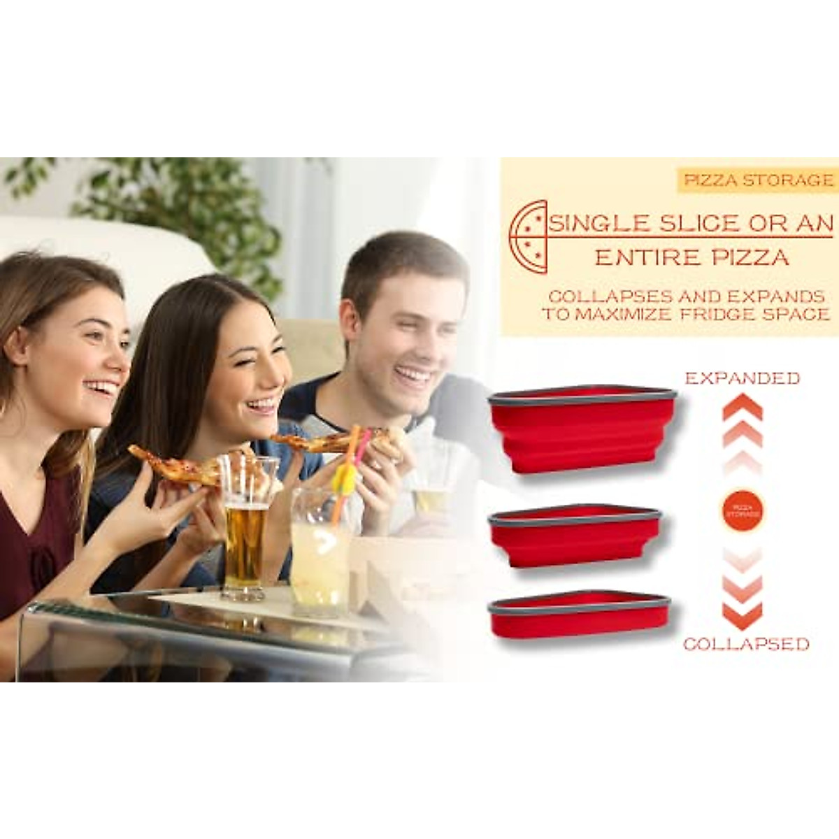 Eocenzois Reusable Silicone Pizza Storage Container, Adjustable Pizza Box, Microwaveable & Portable Pizza Slice Container, leak-proof, BPA free (Red)