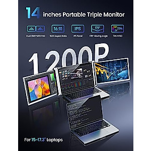 FQQ 14” Triple Laptop Monitor Extender, 1920*1200P FHD IPS Portable Monitor for 15” - 17.3" Laptop, 16:10, Dual Monitor Display for Win/MAC, HDMI/USB-C Plug & Play (Not for Linux Chromebook), S15 Gray