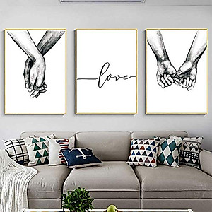 16"x20" Love and Hand in Hand Wall Art Canvas Print Poster,Simple Fashion Black and White Couples Love Hands Sketch Art Line Drawing Decor for Home Living Room Bedroom Office(Set of 3 Unframed)