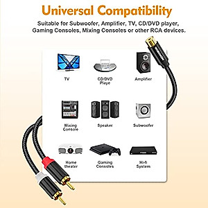 HOSONGIN 1ft RCA Splitter 1 Female to 2 Male Y Adapter 2 Pack, Short RCA Audio Speaker Splitter Cable, Double Shielding Black Nylon Braided Cable - Gold-Plated Plug - Length 12 Inch