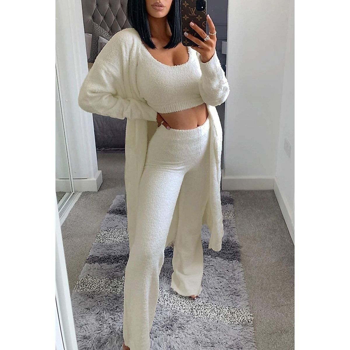 TOLENY Women Fuzzy 3 Piece Lounge Sets Open Front Cardigan Crop Top Wide Leg Pants Sweatsuit Outfits White XL