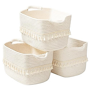 TeoKJ White Cotton Ropen Baskets for Storage, Set of 3 Woven Clothes Basket for Organizing and Storage, Blanket Basket for Living Room Laundry Bathroom Shelves