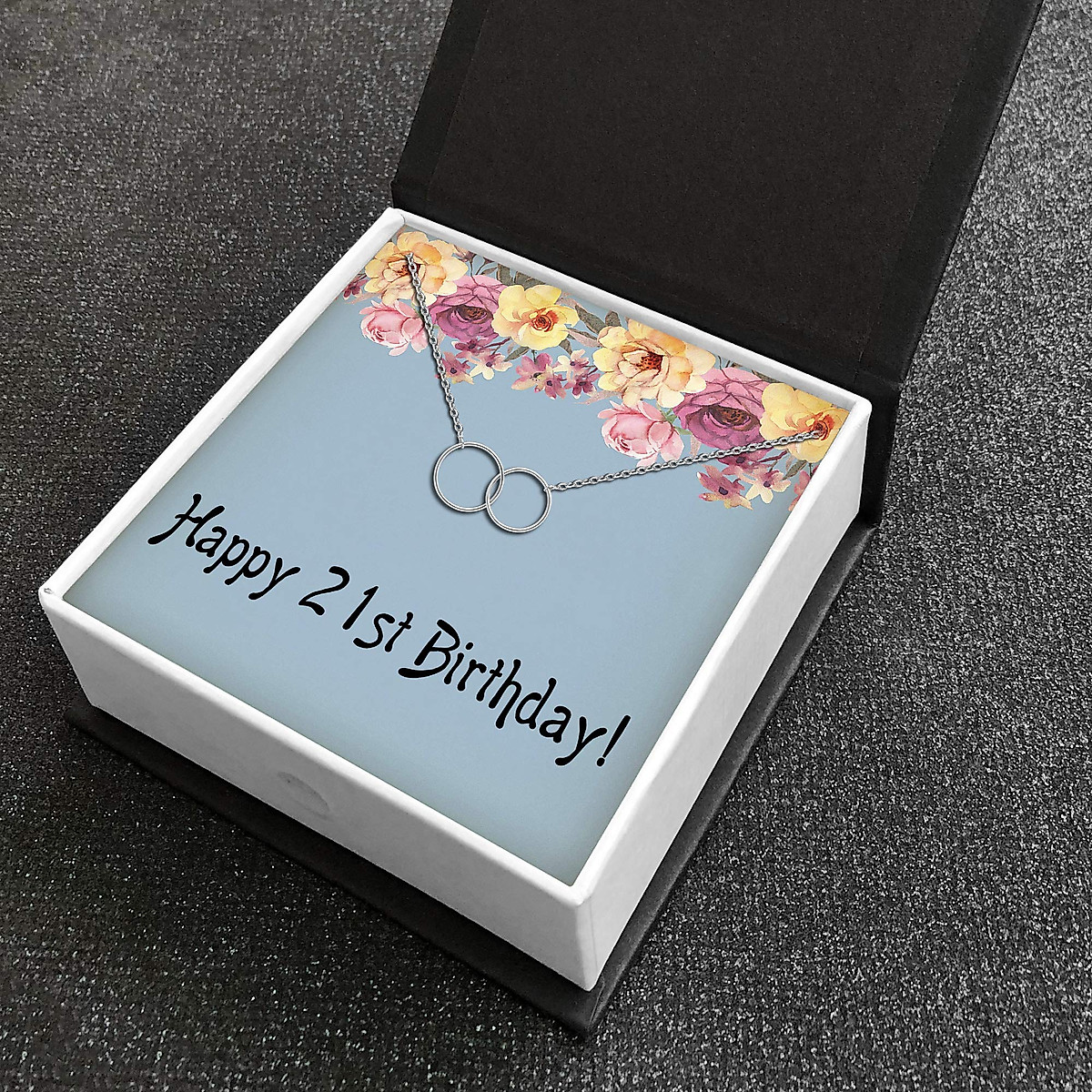 Linked Circles Necklace For Women With Happy 21st Birthday Greeting Card by Ginger Lyne | Sterling Silver Pendant and Chain with Message Card In Logo Black Box | Gifts for Birthday