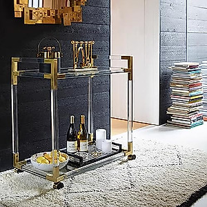 VLOBAOM Gold Bar Cart on Wheels, Clear Acrylic Serving Cart for Home, Mobile Storage Shelf, Rolling Drink Trolley for Living Room, Kitchen, Hotel,80x40x80cm,Gold