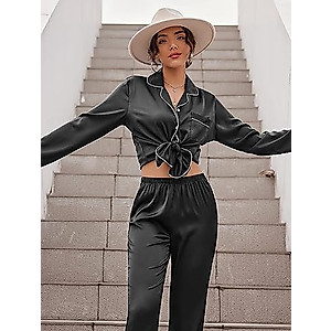 Ekouaer Satin Sleepwear Women's Long Sleeve Pajamas Silk Button Down Loungewear Two Piece Pjs Set (Black,S)