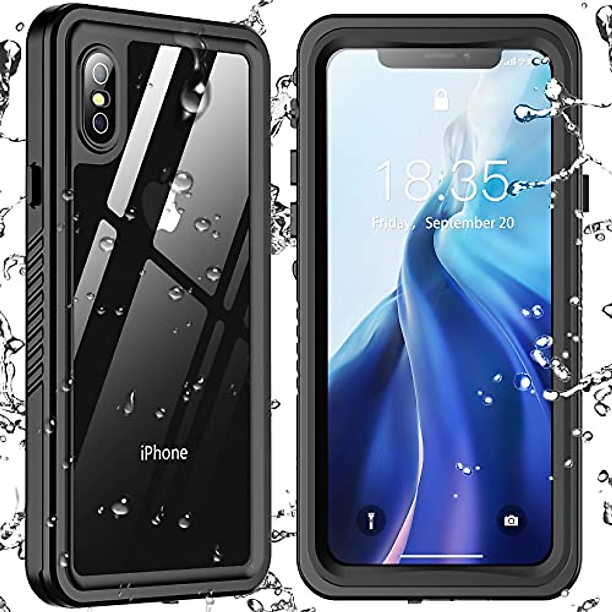 SPIDERCASE Designed for iPhone Xs Max Waterproof Case, Built-in Screen Protector Full-Body Clear Call Quality Heavy Duty Shockproof Cover Case for iPhone Xs Max 6.5’’ (Black/Clear)