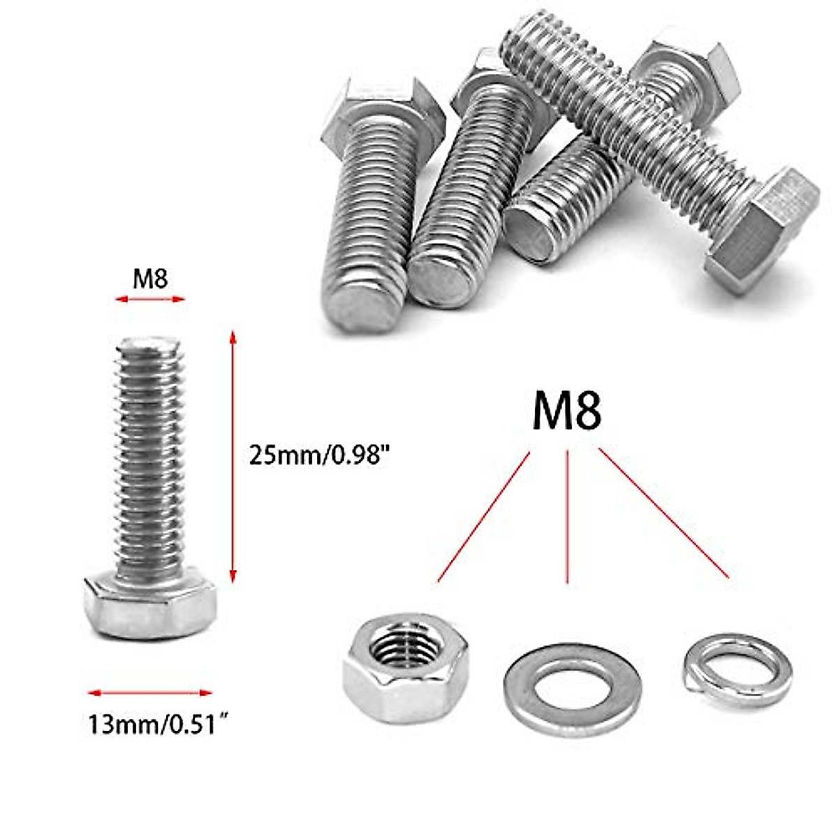 10pcs M8X25mm Stainless Steel Hex Head Screws Bolts-No Slot Stainless Steel Hex Head Machine Screw(with Flat Washer & Split Lock Washer & Hex Nuts)