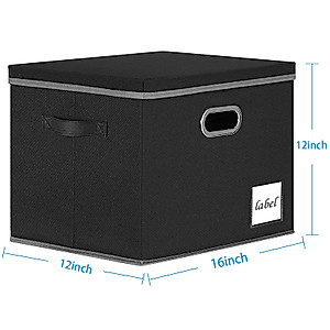 PFFVRP Extra Large Storage Bins with Lids, 16"x12"x12" Foldable Linen Fabric Storage Boxes with Lids, Storage Basket with Lid with Handles and Label, Storage Bin for Living Room Closet Office (Black)