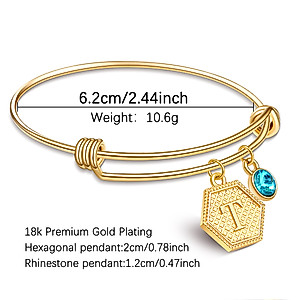 Suonie 18K Gold Plated Bangles,26 Letters Initial Hexagon Pendant Adjustable Bangles,Women Charm Bracelet Bangles,Blue Rhinestone Bracelet for Girls Teenage Birthday Christmas Gifts (T)