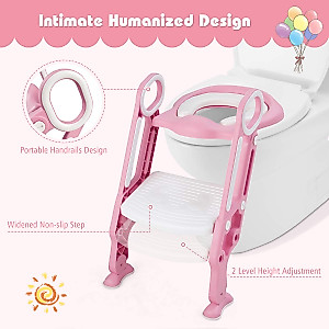 BABY JOY Kids Portable Potty Training Toilet Seat w/Step Stool Ladder, Foldable and Adjustable Toddler Toilet Training Seat Chair for Boys Girls Toddlers, Non-Slip Pads and Soft Cushion Seat (Pink)