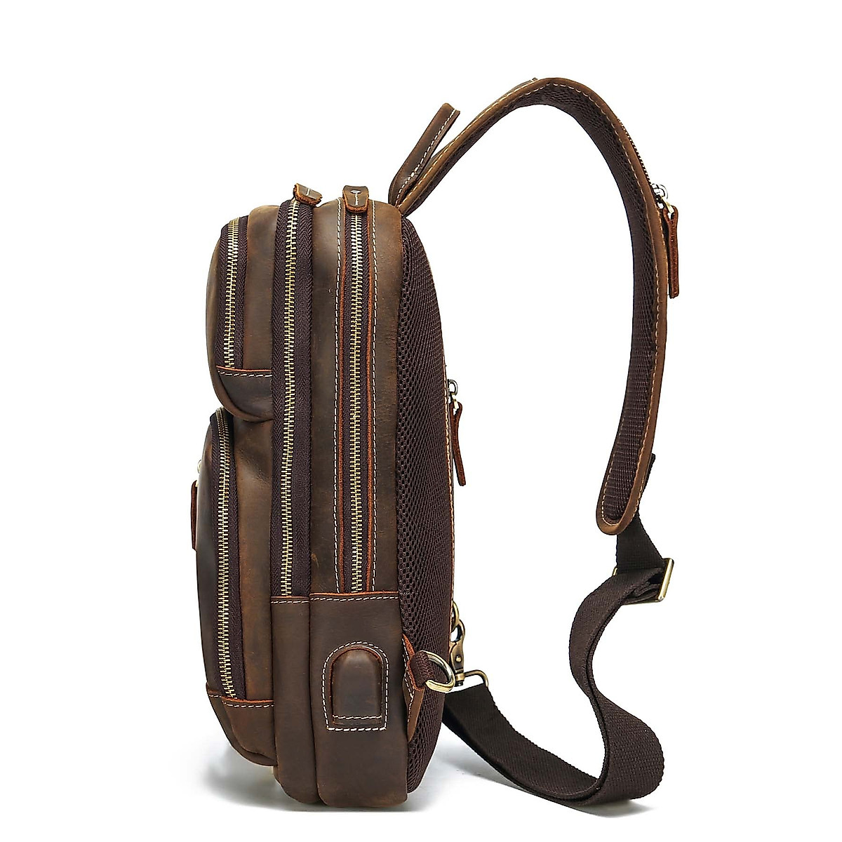 Lannsyne Small Vintage Leather Sling Bag For Men Crossbody Chest Daypack fits 10.5" iPad