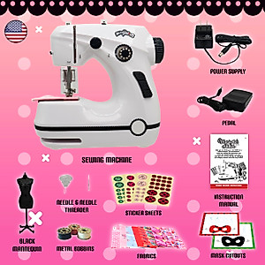 Miraculous Ladybug - Marinette's Mini Sewing Machine For Beginners And Kids, Dual Speed Portable Machine with Miraculous Fabric, Black Mannequin, Superhero Mask Cutouts, And Foot Pedal (Wyncor)