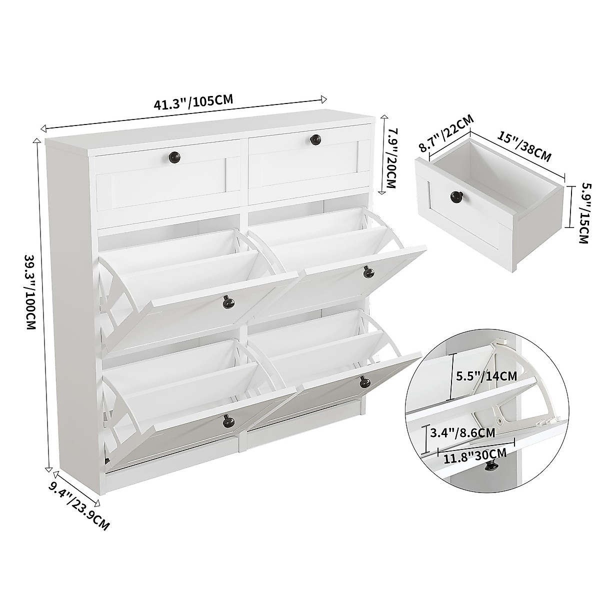 VOWNER Shoe Cabinet with 4 Flip Drawers & 2 Drawers, Freestanding Shoe Storage Cabinet with Adjustable Shelves, Shoe Organizer for Entryway, Hallway, Living Room, White