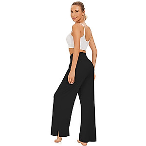 UEU Women Yoga Pants Wide Leg Comfy Loose Lounge Pajama Flowy Pants Pockets Casual Sweatpants Crossover High Waisted(Black, X-Large)