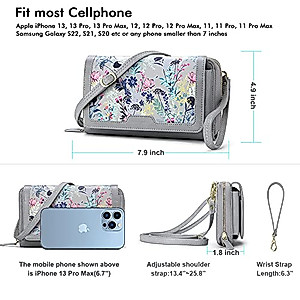 Women Crossbody Wallet Purse, RFID Card Holder Wristlet Clutch 2 Straps,Grey Floral