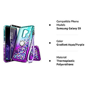 E-Began Case for Samsung Galaxy S9 with Screen Protector (Maximum Coverage, Flexible TPU Film), Ring Holder/Wrist Strap, Glitter Flowing Liquid Girls Women Kids Cute Case (Aqua/Purple)