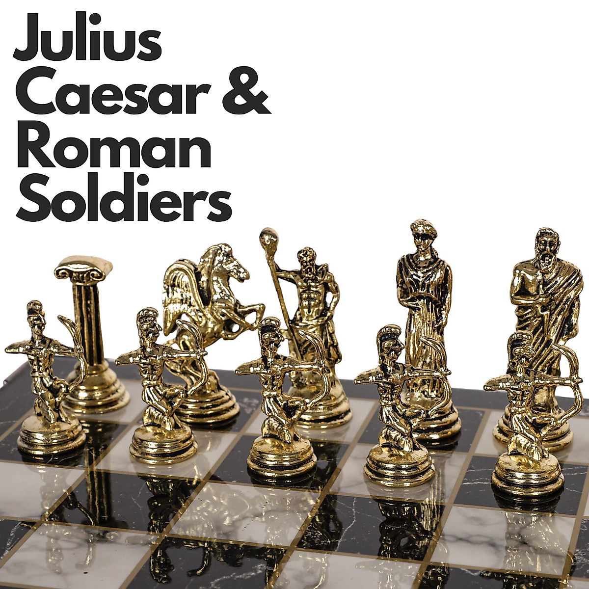 Chess Set (8, 10, 12, 13 Inch) - Greek Mythology, British, Roman Metal Pieces, Marble Look Wooden Chess Board… (NO2 Roman)