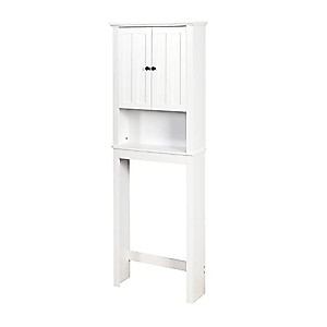 Hcman 67.32" H Over The Toilet Storage Cabinet, Double Door Bathroom Cabinet Organizer Shelf Over Toilet, Toilet Rack with Inner Adjustable Shelf and Open Shelf, White