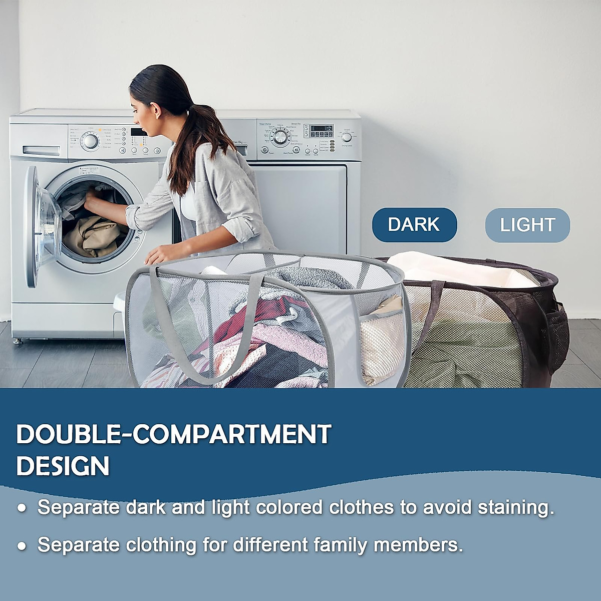 Violinak 4 Pack Collapsible Laundry Baskets Dual Compartment, Mesh Pop Up Hamper with Easy Carry Handles, Foldable laundry hamper for College Dorm, Kids Room, Laundries and Travel, toy storage basket