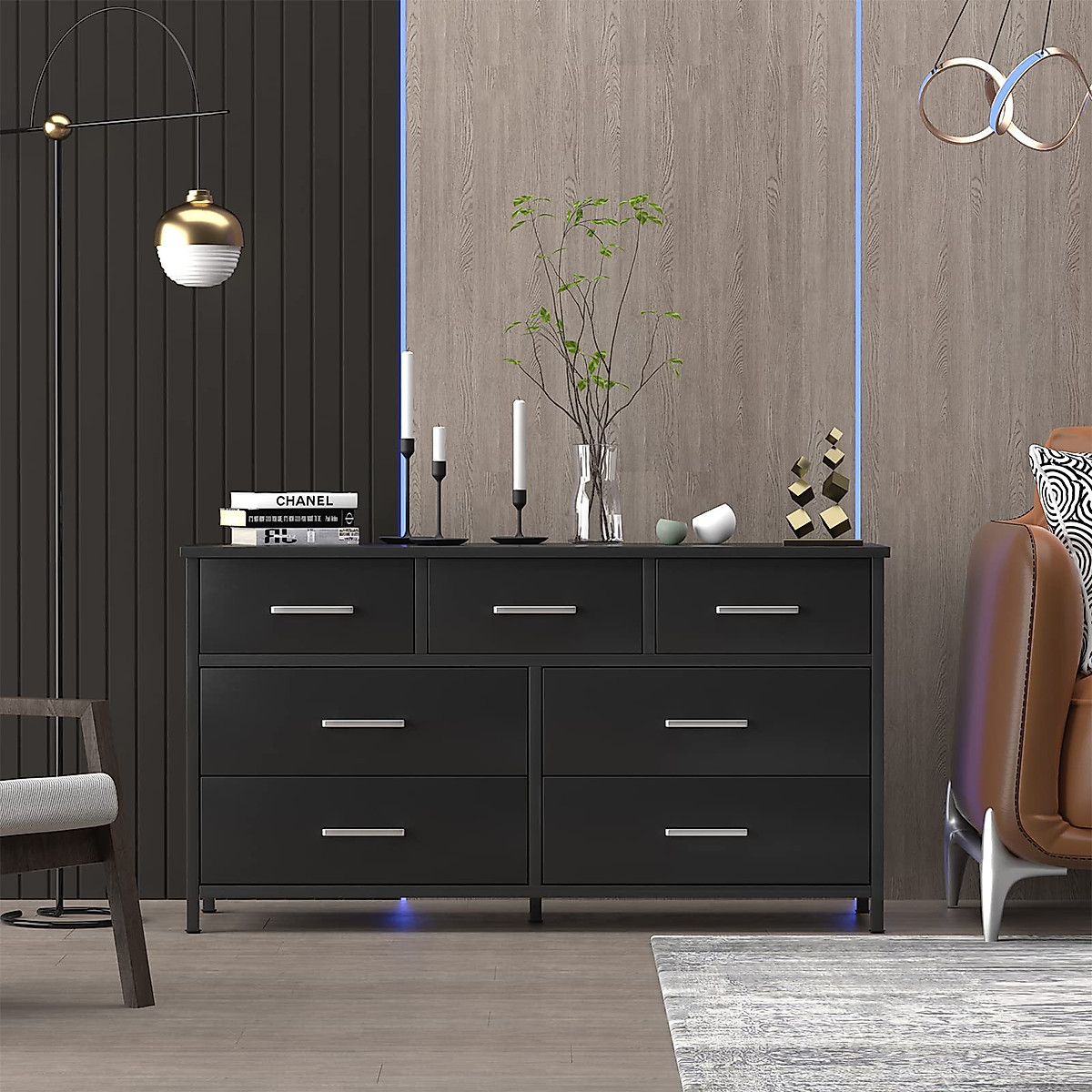 IKENO 7 Drawer Dresser, Industrial Wood Storage Dressers & Chests of Drawers with Sturdy Steel Frame, Storage Dresser for Bedroom Wood