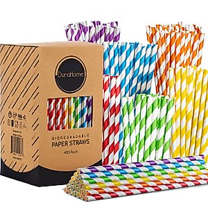Paper Straws 400 Pack Biodegradable Colorful Striped Design 8.25" Straw for Everyday/Birthday Party/Baby Shower/Wedding/Anniversary and Parties, Long Lasting - by DuraHome (Colorful - 400pc)