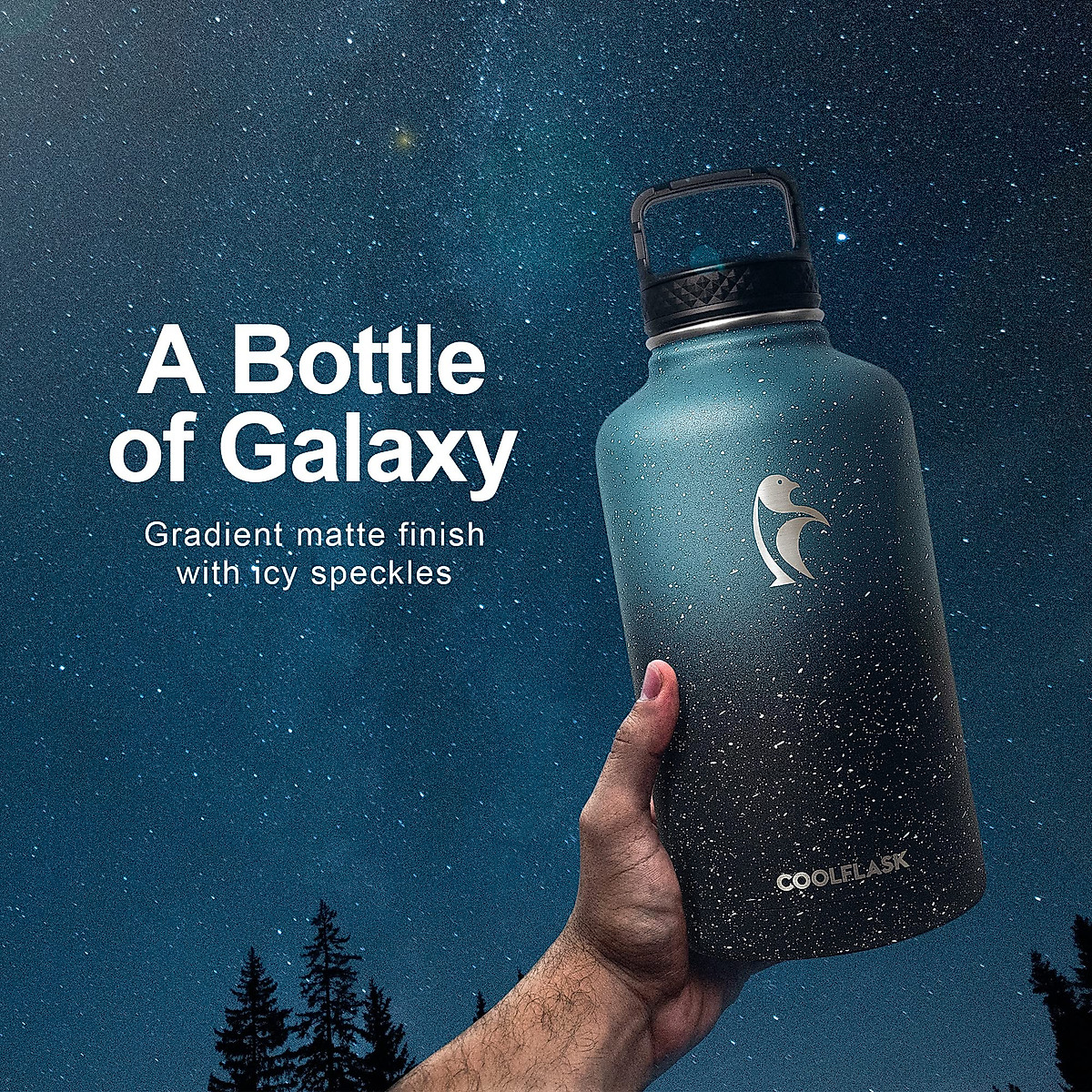 Coolflask 64 oz Water Bottle Insulated with Straw&3 Lids, Half Gallon Water Jug Galaxy Large Metal Stainless Steel Vacuum Flask for Gym, Sports and Travel, Keep Cold 48H Hot 24H,Turquoise