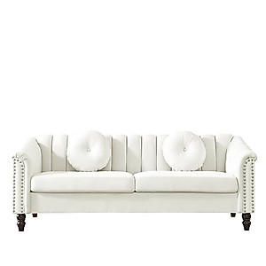FULife 72" Velvet Upholstered Loveseat Tufted Futon Sofa,Chesterfield Accent 3 Seaters Sofá Couch with Nail Arms&2 pillows for Living Bedroom/Apartment/Office/Studio/Bonus Room/Compact Places, Beige