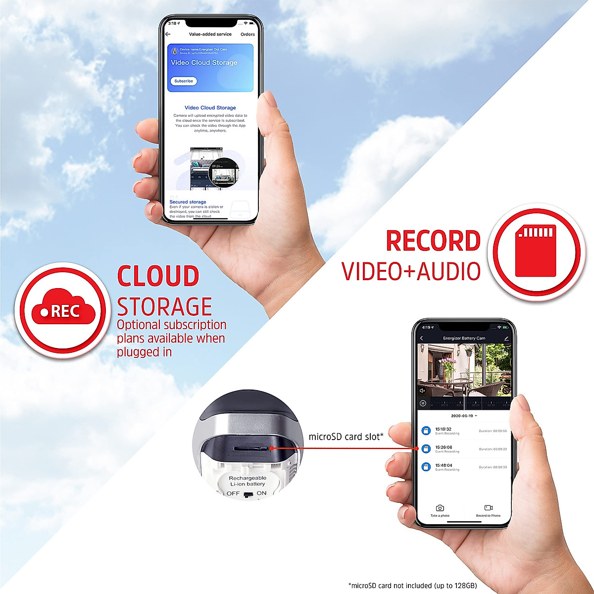 Energizer Connect Wireless Rechargeable Battery-Powered Smart WiFi Security Camera, 1080p Video, Indoor/Outdoor Weatherproof, PIR Motion Detection, 2-Way Audio, Night Vision, Cloud Storage/SD Slot