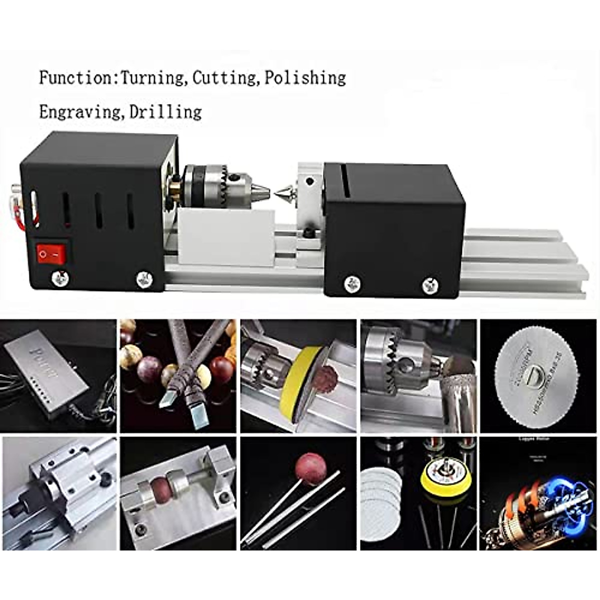 Mini Lathe Beads Polisher Machine DIY Machining for Table Woodworking Power Wood Tool Lathe Set Grinding (Black)