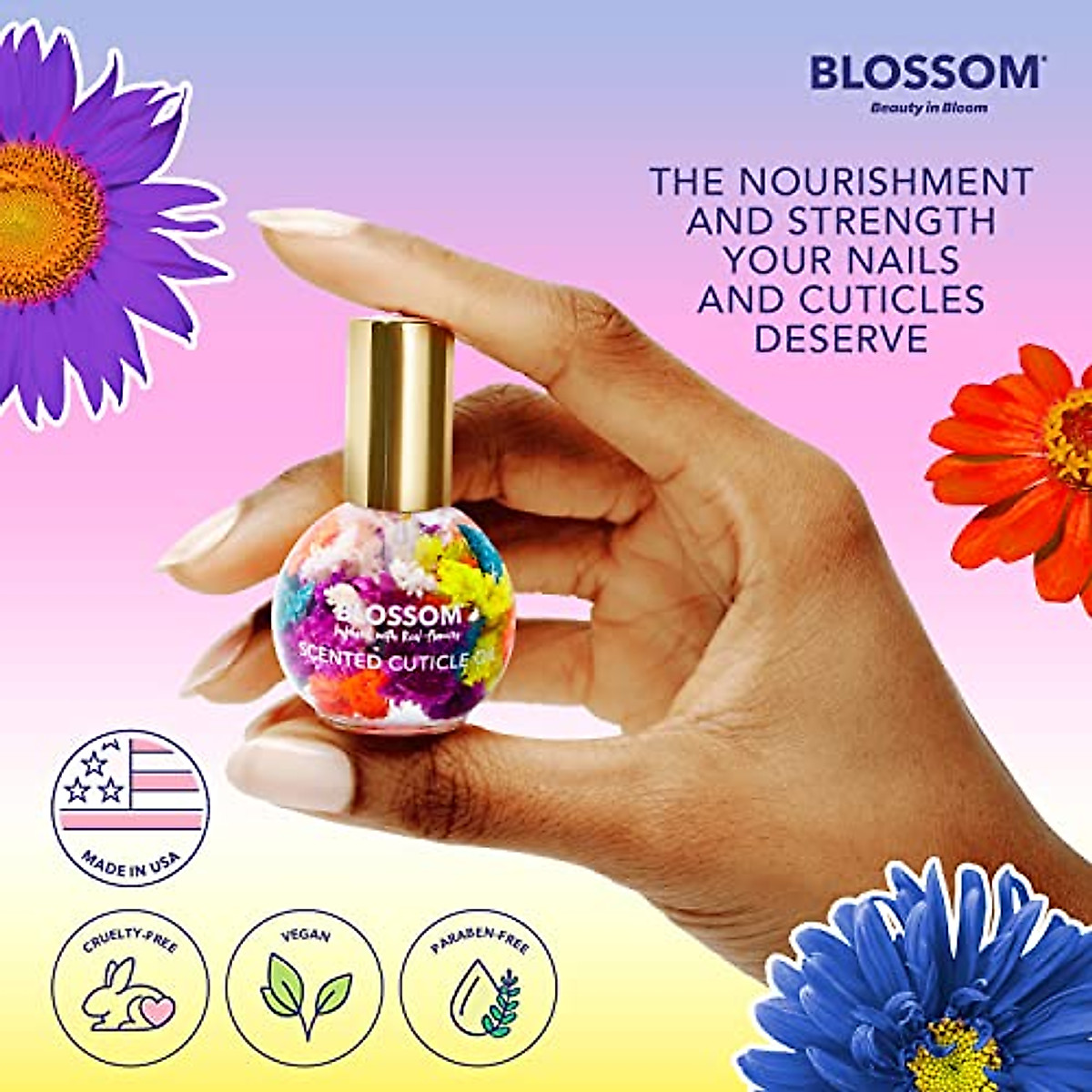 Blossom Hydrating, Moisturizing, Strengthening, Scented Cuticle Oil, Infused with Real Flowers, Made in USA, 0.42 fl. oz, Juicy Peach