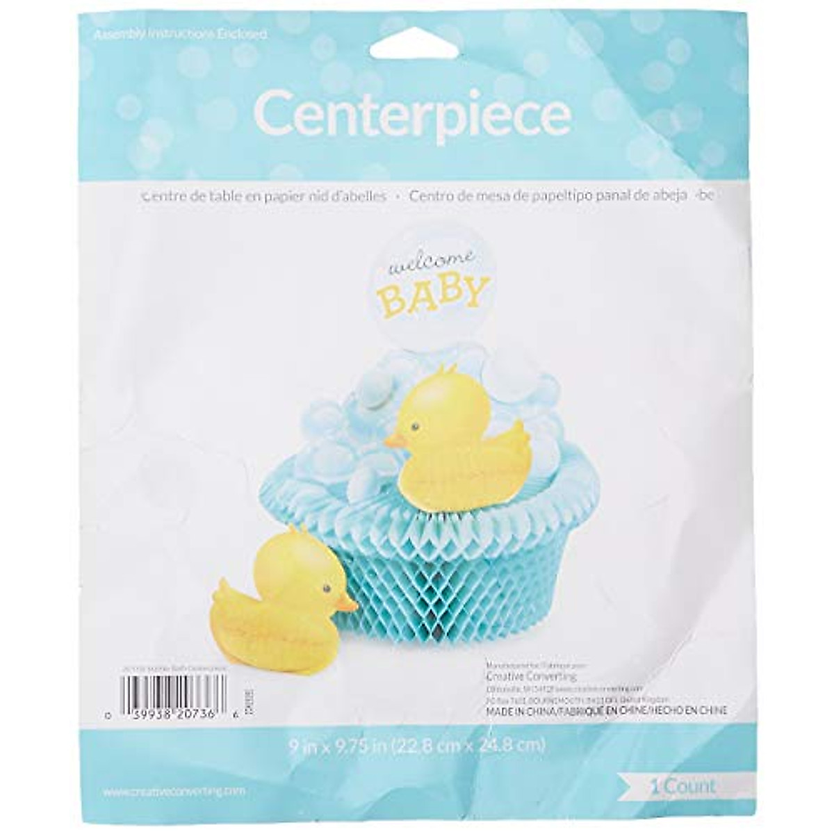 Creative Converting Bubble Bath Rubber Ducky Baby Shower Honeycomb Centerpiece Party Supplies, 9 3/4" x 9", Multicolor