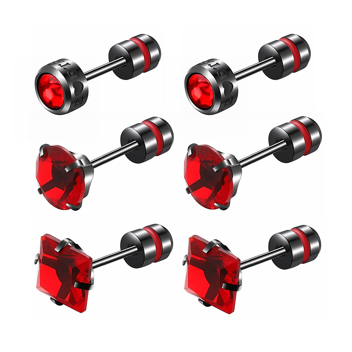 5 Pairs Colorful Screw Back of Earrings CZ Titanium Studs for Women Men,20G 6mm Surgical Steel Hypoallergenic Screw on Double Sided Barbell Stud Earring for Sensitive Ears (Red CZ)