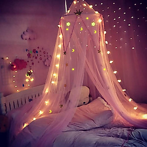 Glamorstar Bed Canopy for Girls Princess Mosquito Net Glow in The Dark Stars and Moon Crib Hanging Tent Bedroom Decor Gift for Kids Pink Crwon