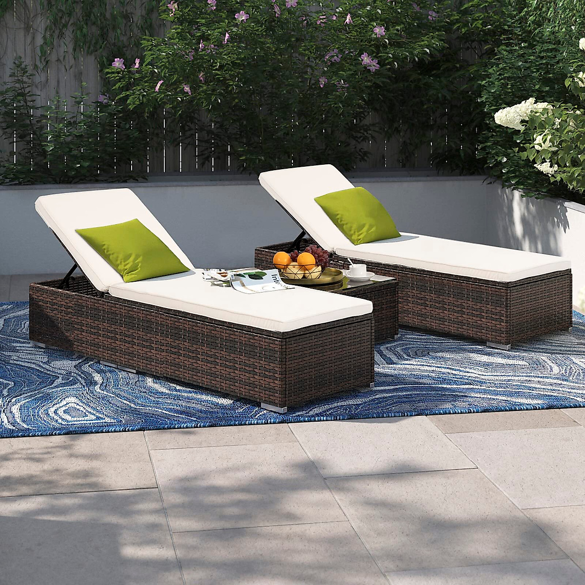 DIMAR GARDEN 3Piece Outdoor Chaise Lounge,Wicker Pool Lounge Chairs with Table, Mixed Brown